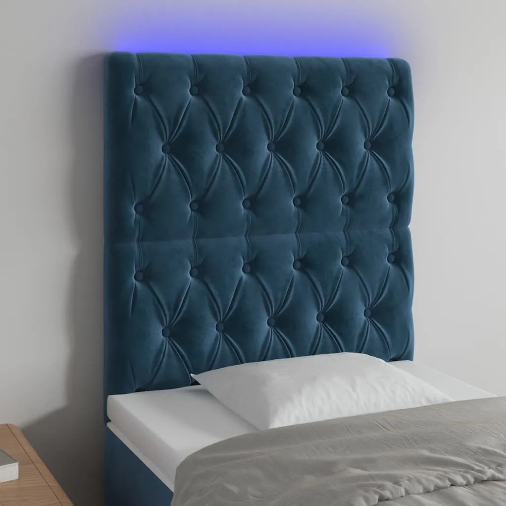 Čelo postele s LED tmavě modré 80x7x118/128 cm samet