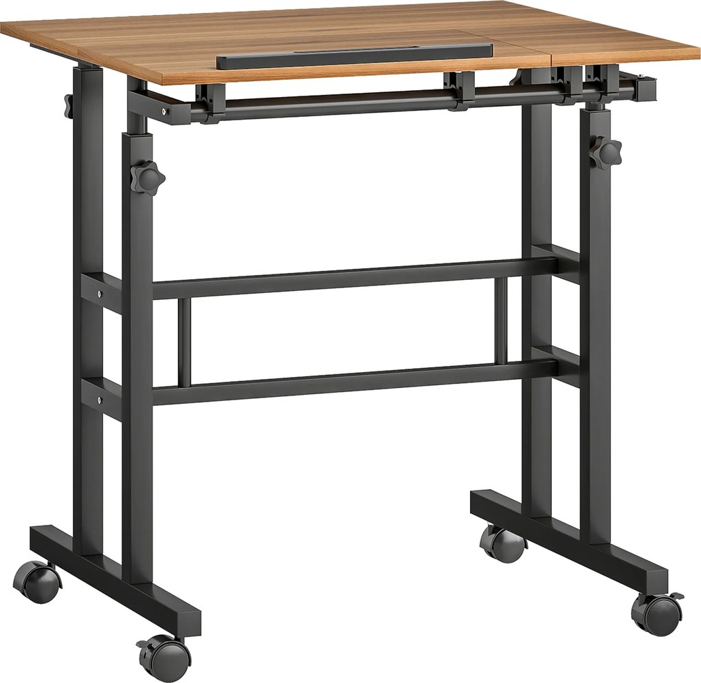 HOMCOM sedací‑stojací stůl 70 x 60 cm – výškově nastavitelný, s kolečky a naklápěcí deskou stolu, hnědý