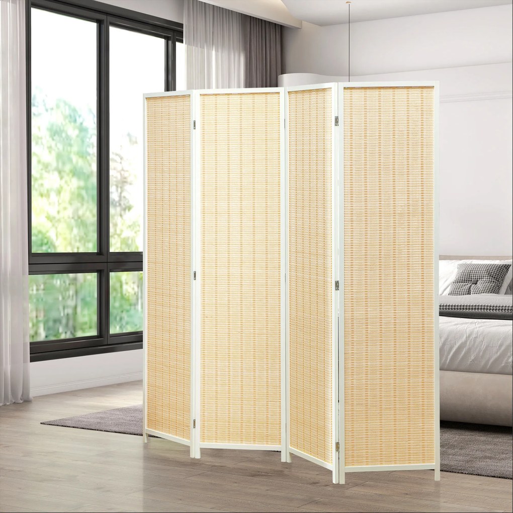 HOMCOM Skládací Oddělovač Místnosti 4 Panely 180x180 cm Ručně Tkaný z Bambusu a Bavlny Elegantní Dekorace do Obývacího Pokoj Bílá