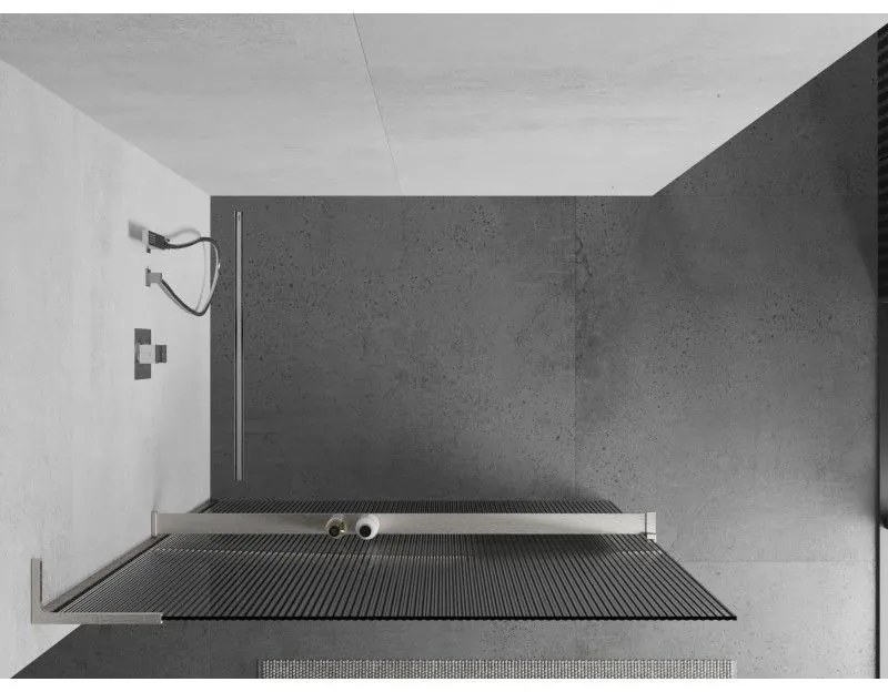 Mexen Kioto+ L, sprchová zástěna Walk-In s poličkou a věšákem 110 x 200 cm, 8mm sklo s žebrovým vzorem, broušená ocel profil, 800-110-123-97-09