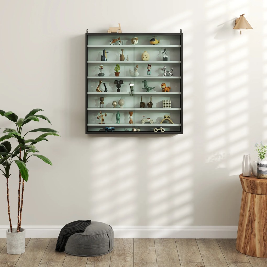 HOMCOM nástěnná police se 6 nastavitelnými dřevěnými policemi a skleněnými dveřmi, 80x9,5x83 cm, Bílá a Černá