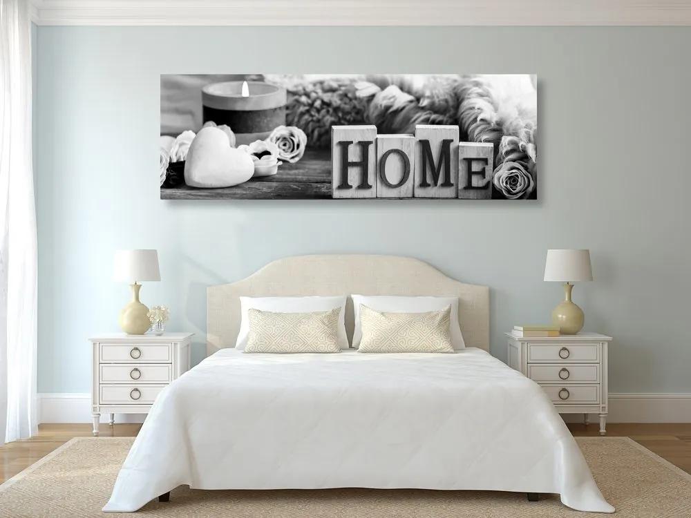 Obraz zátiší s nápisem Home v černobílém provedení - 120x40 cm