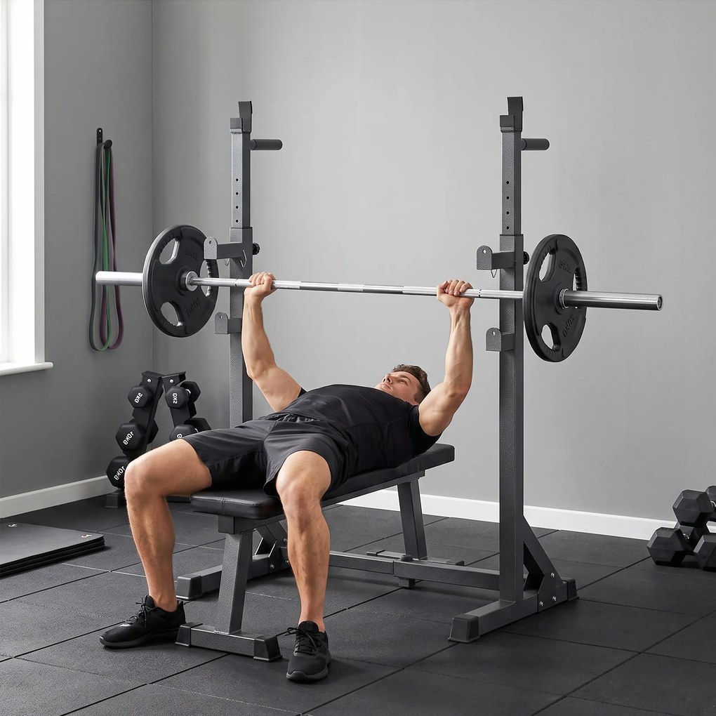 SPORTNOW Multifunkční opora pro činky s nastavitelné šířkou a výškou - Svalový stojan se ocelovou konstrukcí, nosnost 150 kg pro domácí trénink