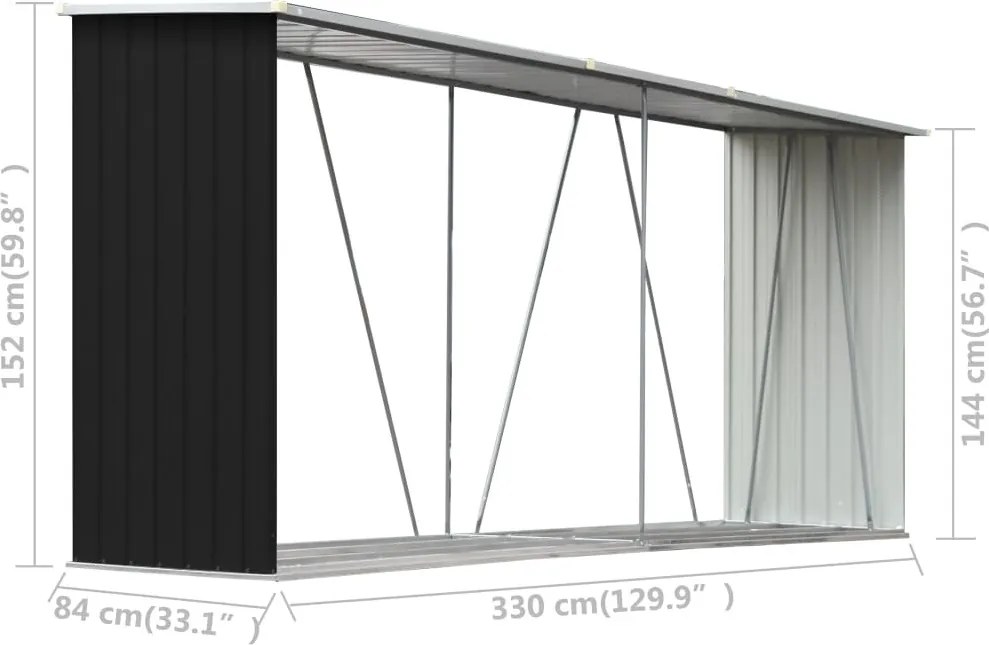 vidaXL Zahradní kůlna na dříví z pozinkové oceli 330x84x152 cm [47085] Barva: Šedá