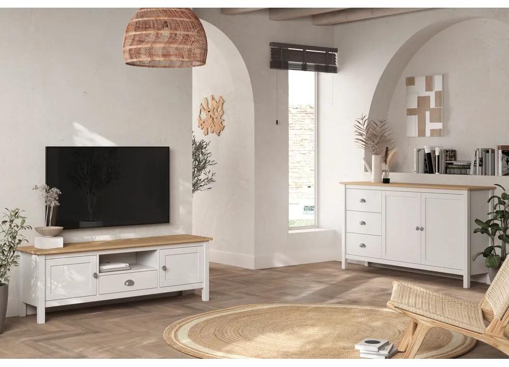 Bílý/přírodní TV stolek z borovicového dřeva 158x53 cm Misti – Marckeric