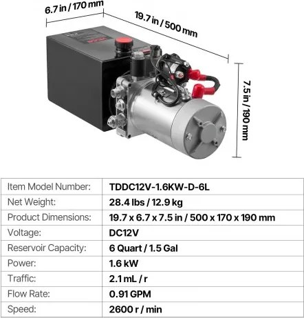 Hydraulický agregát 6 l, Maximální přetlak 22 MPa a průtok 3,4 l/min VEVOR