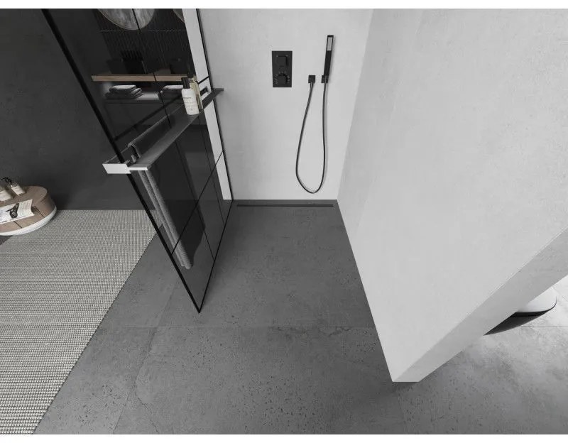 Mexen Kioto+ L, sprchová zástěna Walk-In s poličkou a věšákem 100 x 200 cm, 8mm čiré sklo černý vzor, ​​grafitový profil, 800-100-123-95-77