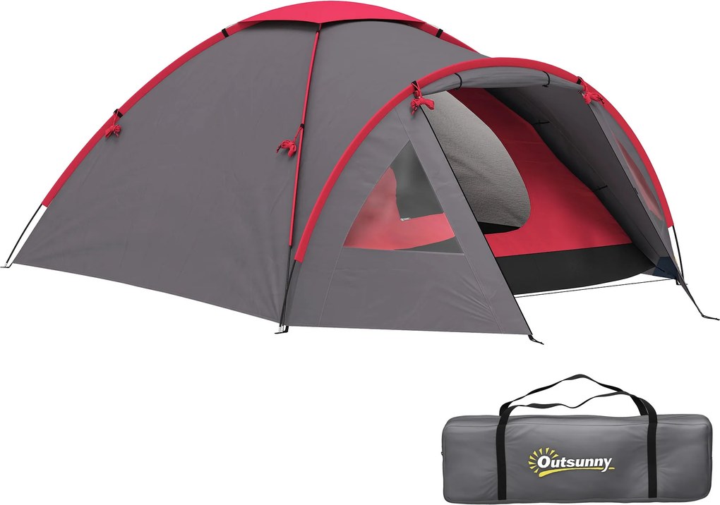 Outsunny Stan pro 3 Osoby - Lehké, Stabilní, Voděodolné s UV 50+ - Kupolový Stan s Okny a Dveřmi, Rodinný Stan s Vodním Sloupem 2000mm pro Kempování,