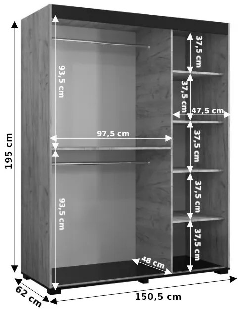 Šatní skříň 150 cm Bernard (dub craft zlatý + černá). 1063519