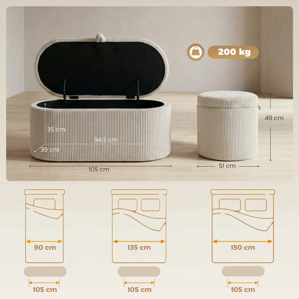 HOMCOM čalouněná lavice s úložným prostorem, manšestr – 105 × 51 × 49 cm, nosnost 200 kg, béžová