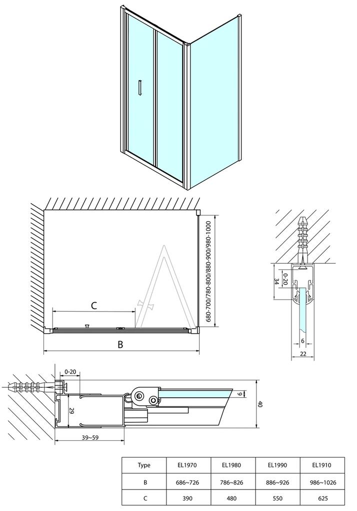 Polysan EASY LINE obdélníkový sprchový kout 900x1000mm, skládací dveře, L/P varianta, čiré sklo - EL1990EL3415