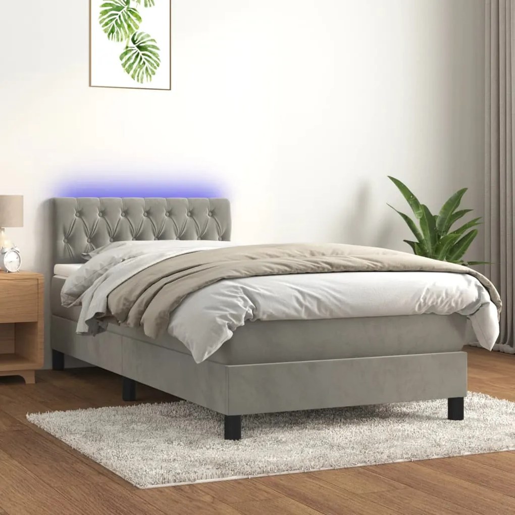Box spring postel s matrací a LED světle šedá 100x200 cm samet 3134567