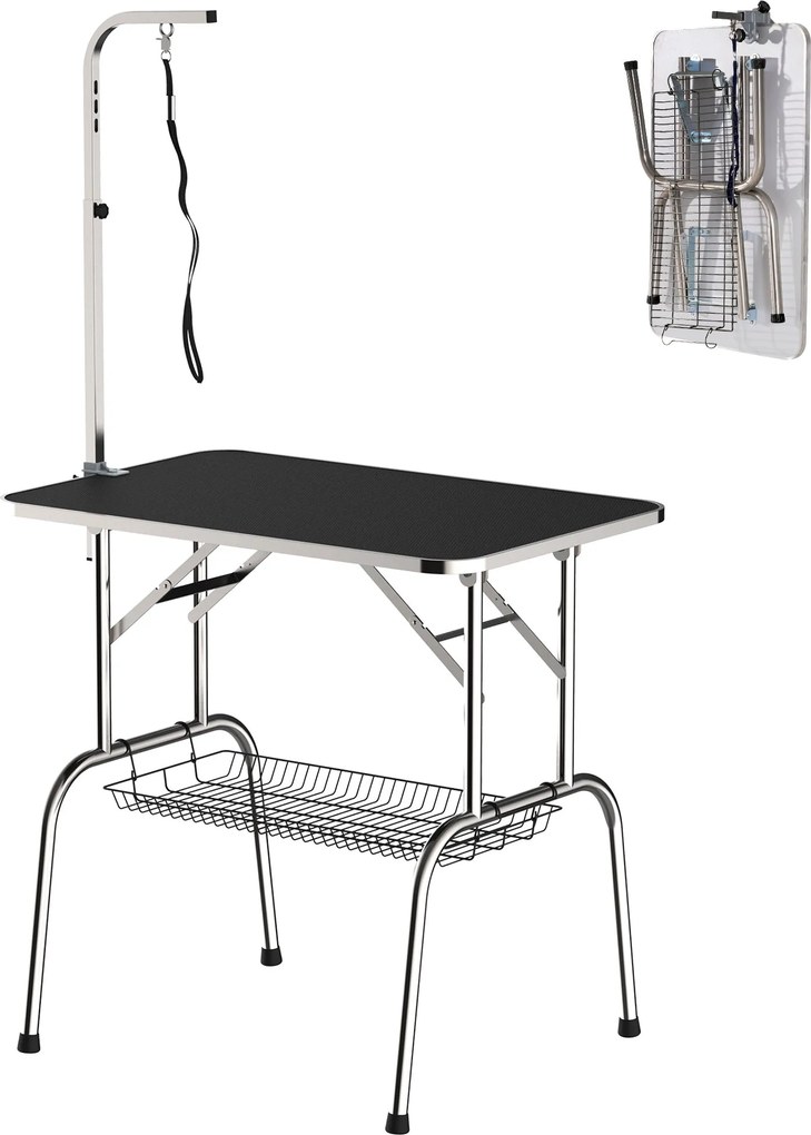 PawHut Grooming Table - Stůl na úpravu domácích zvířat, stříhací stůl s košíkem, skládací stůl pro psy, koupací stůl pro psy, výškově nastavitelný, ne