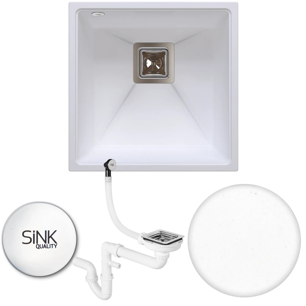 Sink Quality Argon 50, kuchyňský granitový dřez 420x420x225 mm + chromový sifon, bílá, SKQ-ARG.W.1KBO.50.X