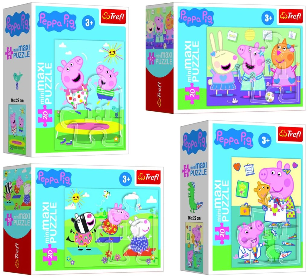 Trefl Minipuzzle miniMaxi 20 dílků Prasátko Peppa/Peppa Pig 4 druhy v krabičce 11x8cm 24ks v boxu