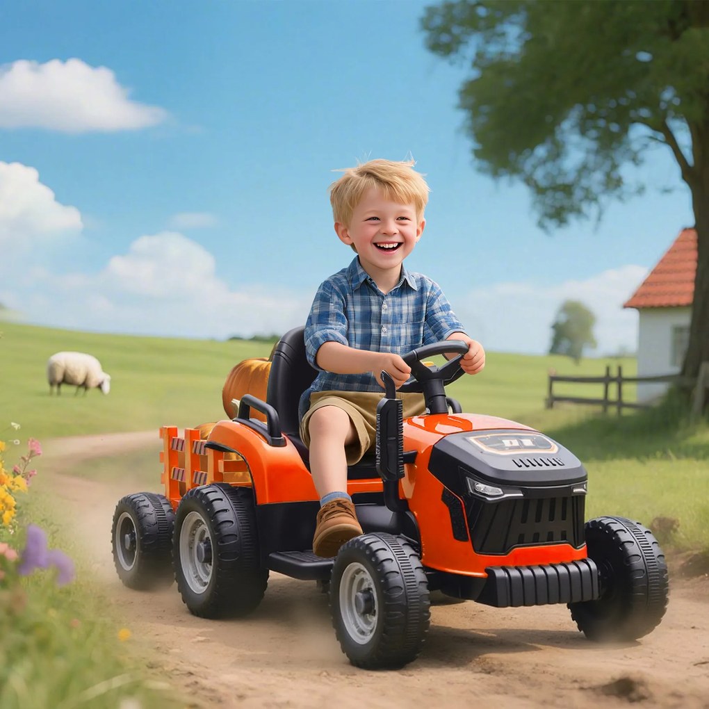 AIYAPLAY Elektrický dětský traktor, sedací traktor s dálkovým ovládáním, měkký start, pro děti ve věku 3-8 let, oranžový