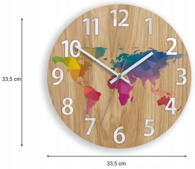 M.Clock Barevné nástěnné dřevěné hodiny mapa světa 33,5cm hnědé