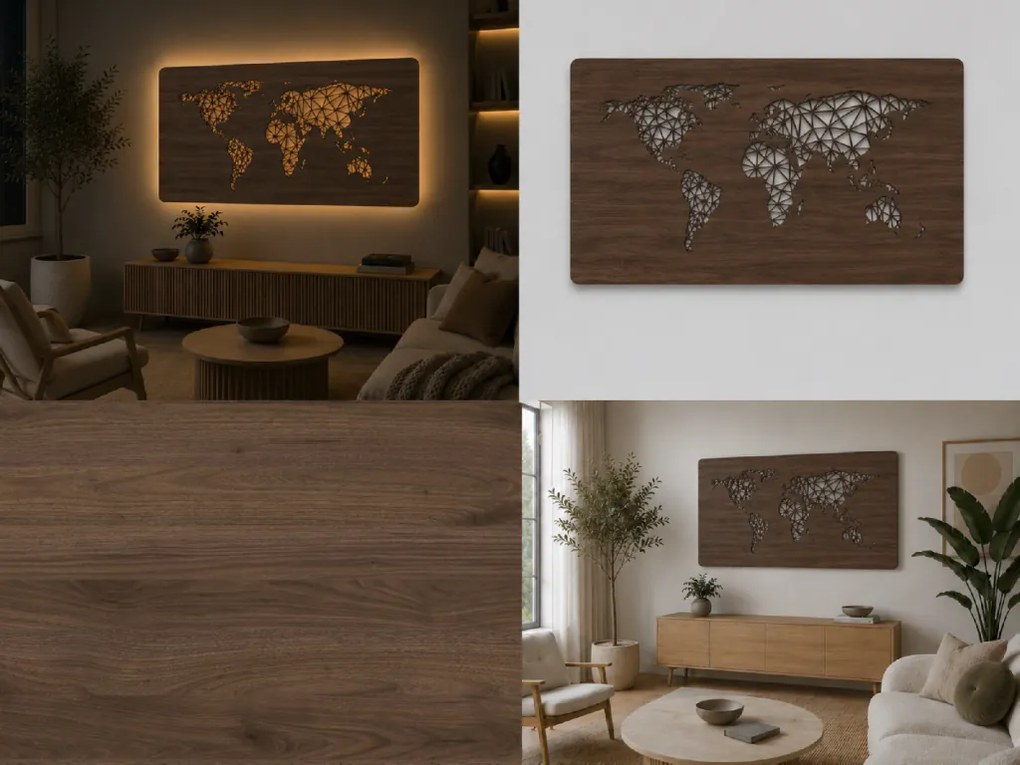 Li-Go "Mapa světa" světelný obraz s baterií a pohybovým čidlem 120x60 cm provedení povrchu: ořech