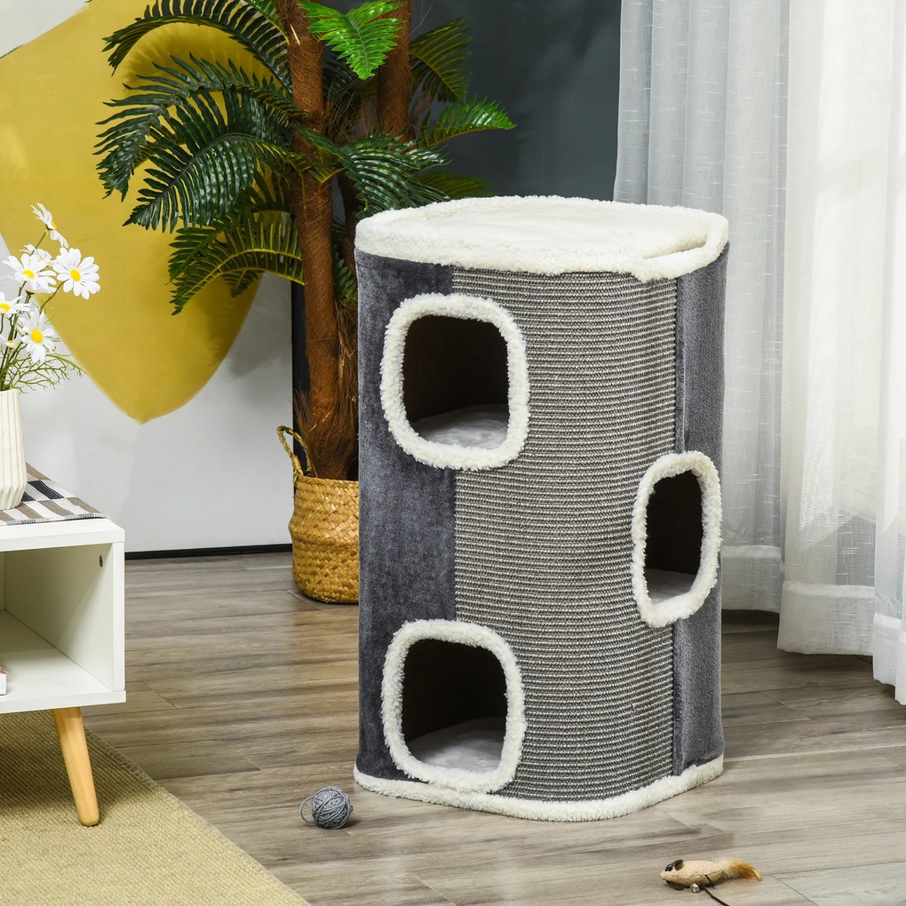 Škrabací strom PawHut pro kočky, 3 úrovně, dřevotříska, sametový polyester, sisal, šedá+bílá, 40x40x74cm| Aosom