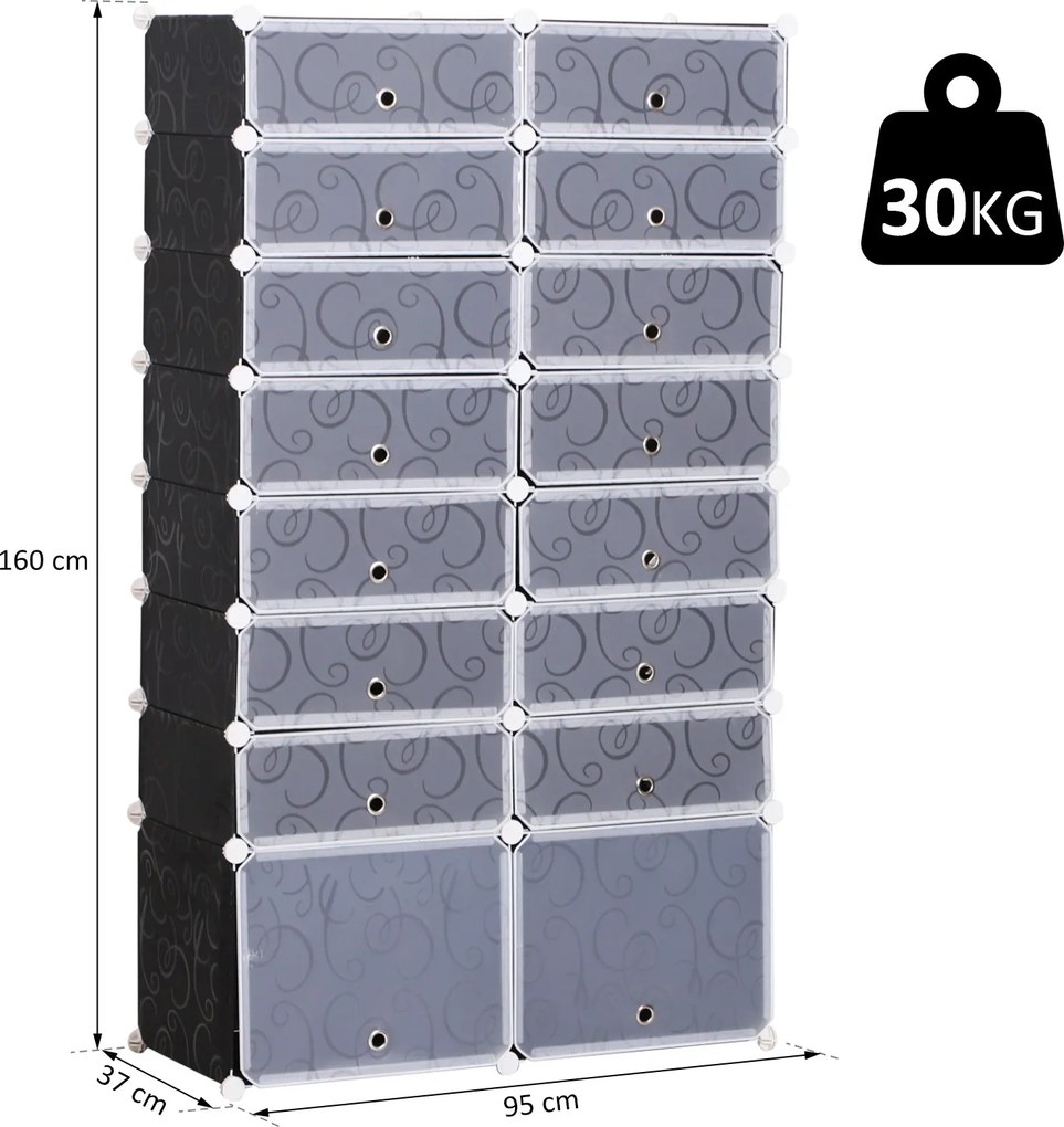 HOMCOM Sada botních boxů 16 kusů, stohovatelný organizér na boty s dveřmi, černá + bílá