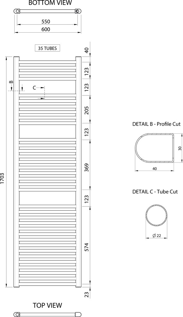 Aqualine ALYA otopné těleso rovné 600 x 1703 mm chrom LLR106