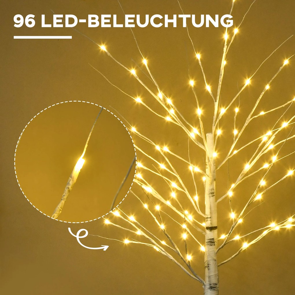 HOMCOM Umělý strom, umělá bříza, s LED osvětlením, teplá bílá, realistická bílá kůra, 22 x 180 cm