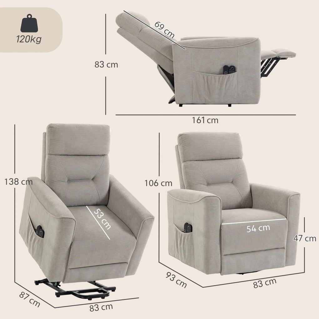 HOMCOM elektrické křeslo s asistencí při vstávání s vibrační masáží a teplem, elektrické relaxační křeslo, nastavitelná opěrka zad, chenille, šedé