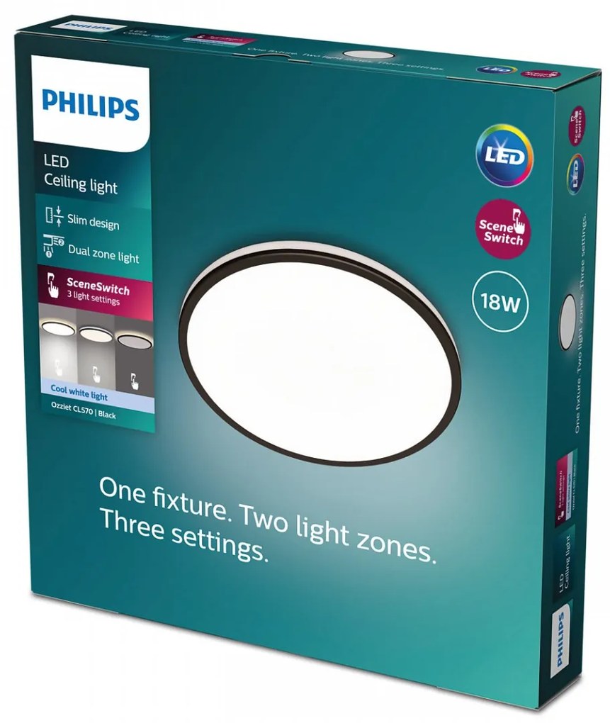 Philips 8719514431966 led stropní svítidlo ozziet 1x18w | 2000lm | 4000k - stmívatelné - sceneswitch, černá