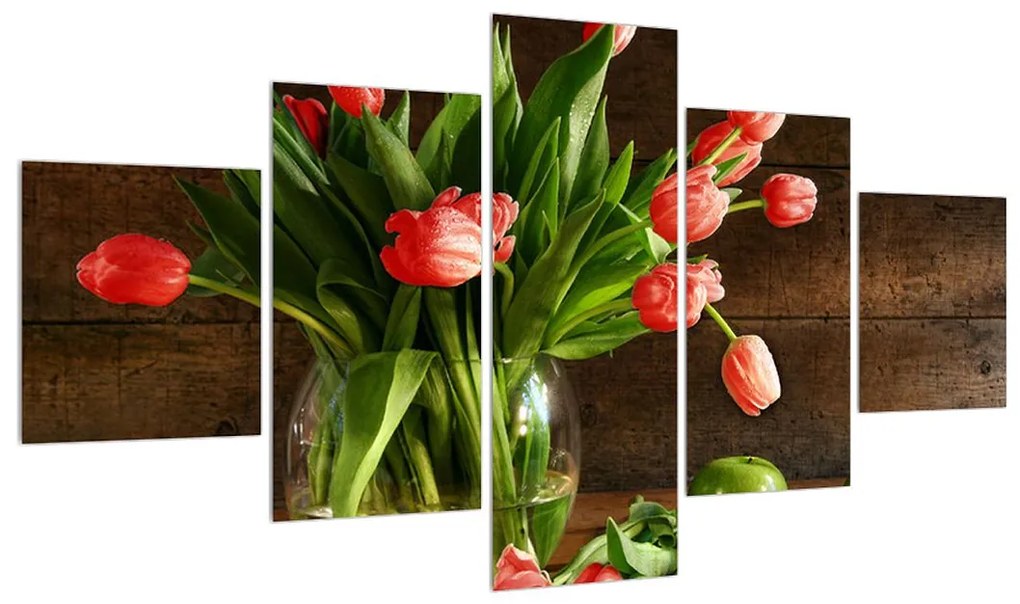 Obraz červených tulipánů ve váze (125x70 cm)