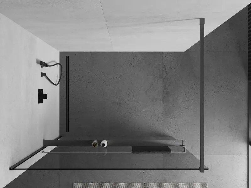 Mexen Kioto+, sprchová zástěna Walk-In s poličkou a věšákem 100 x 200 cm, 8mm čiré sklo, grafitový profil, 800-100-121-66-00