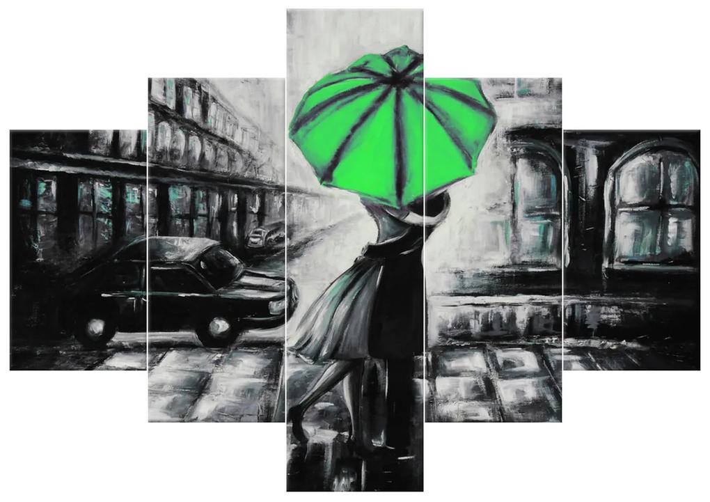 Gario Ručně malovaný obraz Zelený polibek v dešti - 5 dílný Rozměry: 150 x 70 cm