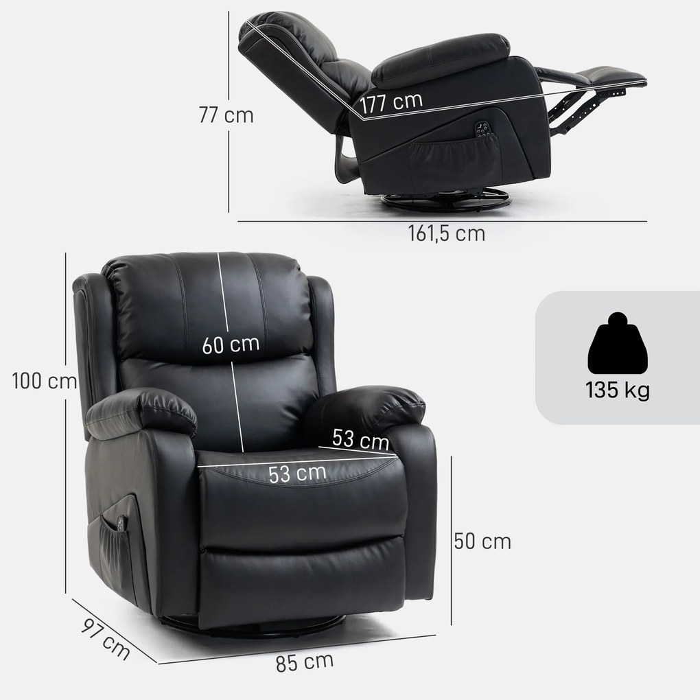 HOMCOM Masážní křeslo, funkce vyhřívání a ležení, umělá kůže, do 150 kg, 97x92x104 cm, černá