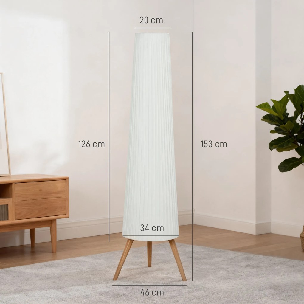 HOMCOM LED stojací lampa do obývacího pokoje stmívatelná dřevo s trojnožkou, stojací lampa s nožním spínačem, 46 x 153 cm, bílá