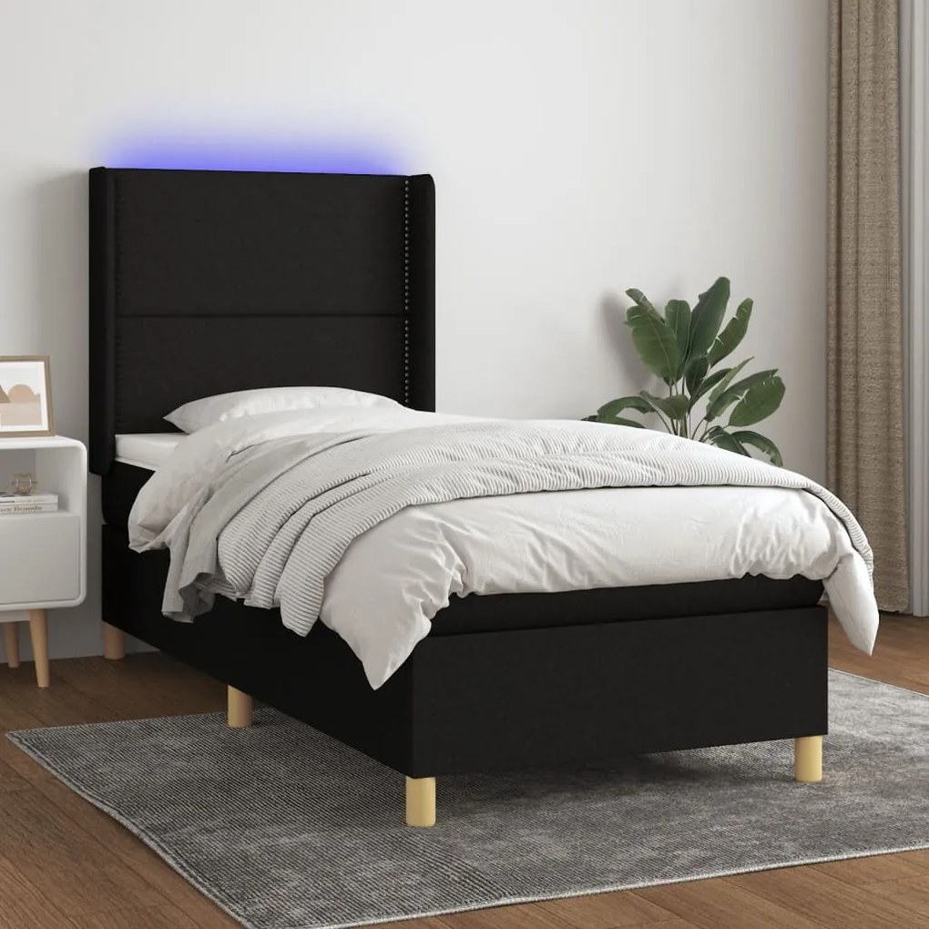 Box spring postel s matrací a LED černá 90x200 cm textil