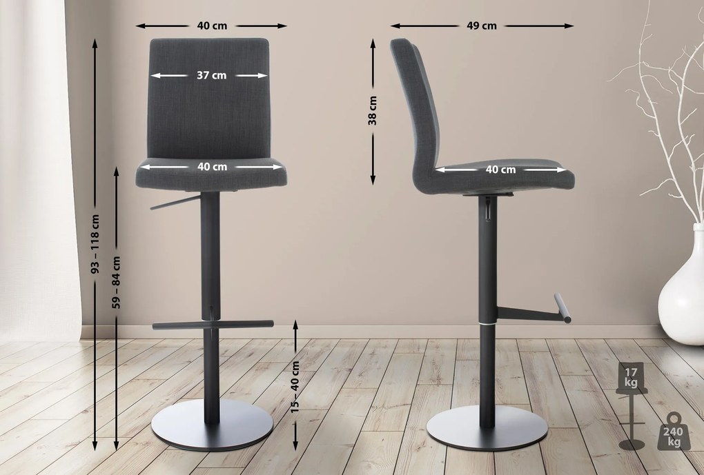 Barová židle Cadiz látka černá konstrukce – tmavě šedá
