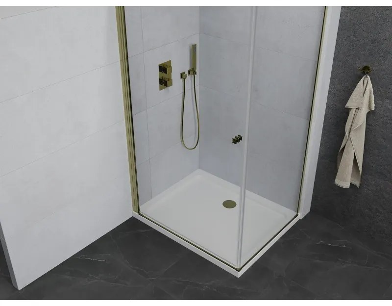 Mexen Pretoria sprchový kout s otočnými dveřmi 80 x 90 cm, Průhledné, Zlatá + sprchová vanička Flat - 852-080-090-50-00-4010