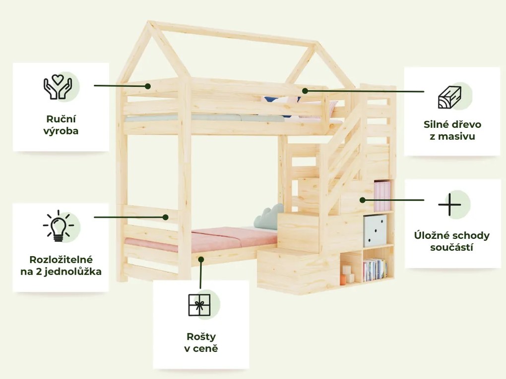 Benlemi Domečková patrová postel ALPY s předními úložnými schody 90x200 cm Zvolte barvu: Transparentní lazura