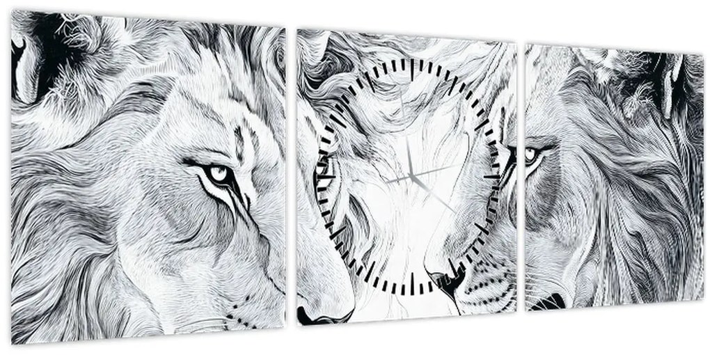 Obraz - Kreslené lví hlavy (s hodinami) (90x30 cm)