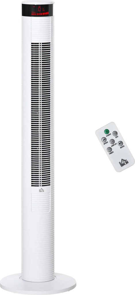 HOMCOM Tornádový ventilátor se 3 rychlostmi a 4 režimy, 45W, 12h časovač, 70° oscilující tornado ventilátor, LED panel a dálkové ovládání, Bílý | Aoso
