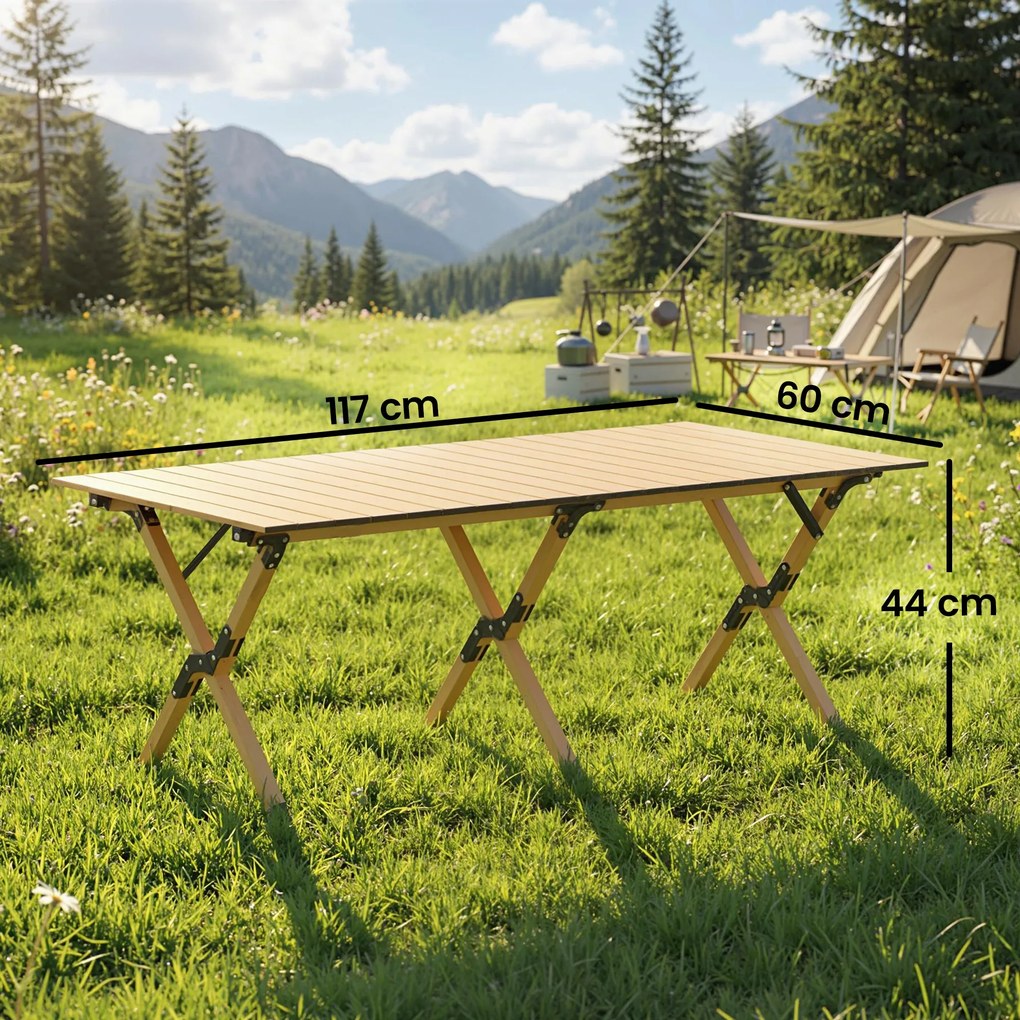 Outsunny Kempingový stůl 117 x 60 cm Hliníkový skládací stůl s rolovací deskou vzhled dřeva Přepravní taška vodotěsná