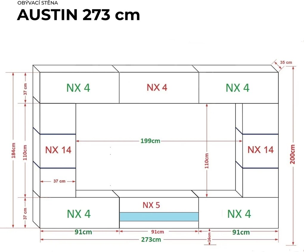 Ral Obývací stěna AUSTIN 3, 273 cm - Bílý lesk
