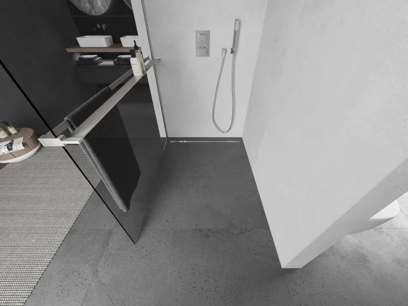 Mexen Kioto+ L, sprchová zástěna Walk-In s poličkou a věšákem 50 x 200 cm, 8mm čiré sklo, broušená ocel profil, 800-050-123-97-00