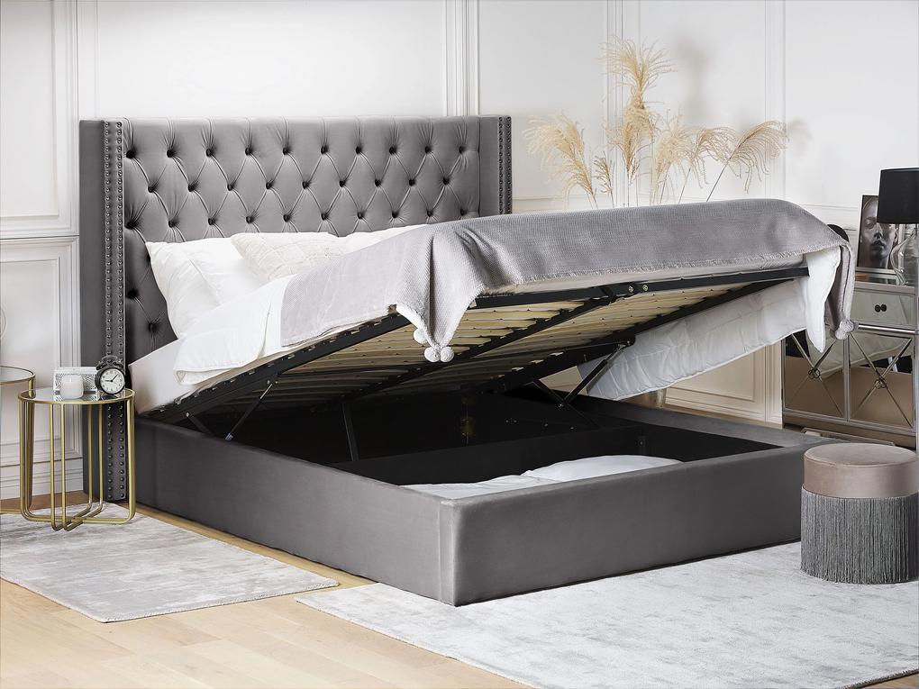 Sametová postel s úložným prostorem160 x 200 cm šedá LUBBON Beliani
