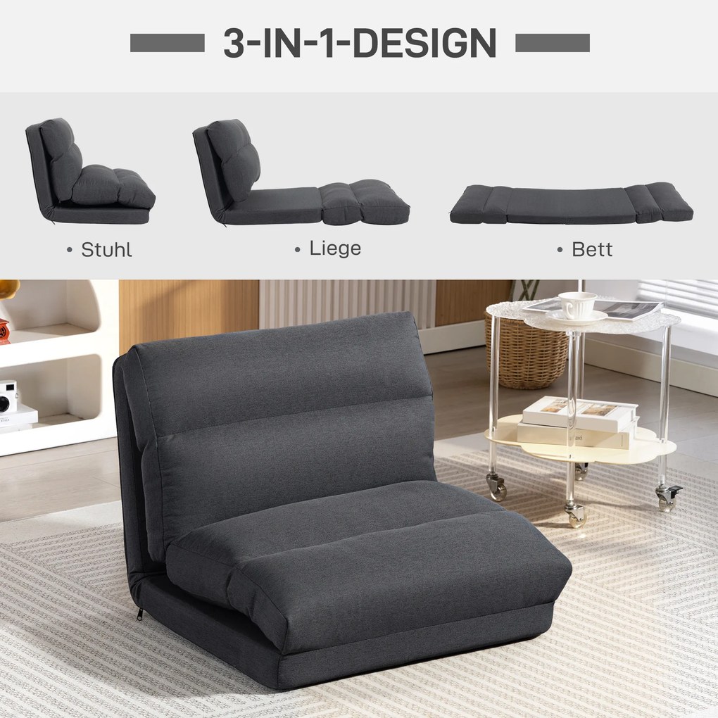 HOMCOM Sedací pytel s funkcí postele, sklápěcí opěrka, skládací, do 120 kg, 70 x 72 x 56 cm, tmavě šedá