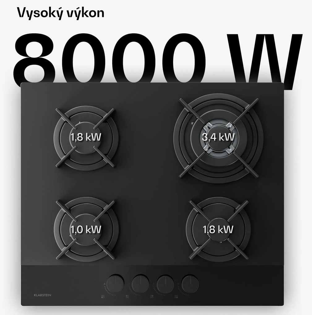 Klarstein Plynová varná deska Velaire, 4-plotýnka s elektrickým zapalováním, kompatibilní se zemním plynem a LPG, 8000W, 60cm