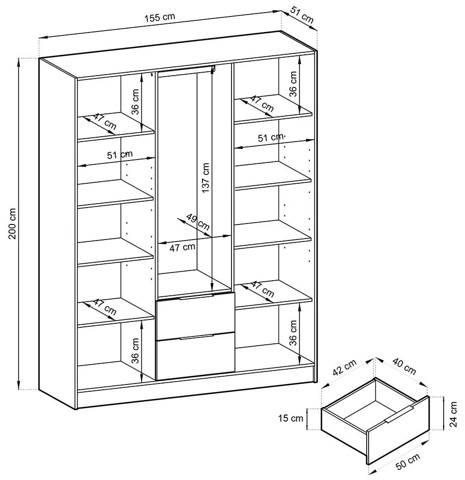 Šatní skříň NELLY 3D bez zrcadla + nástavec | 155 cm | grafit