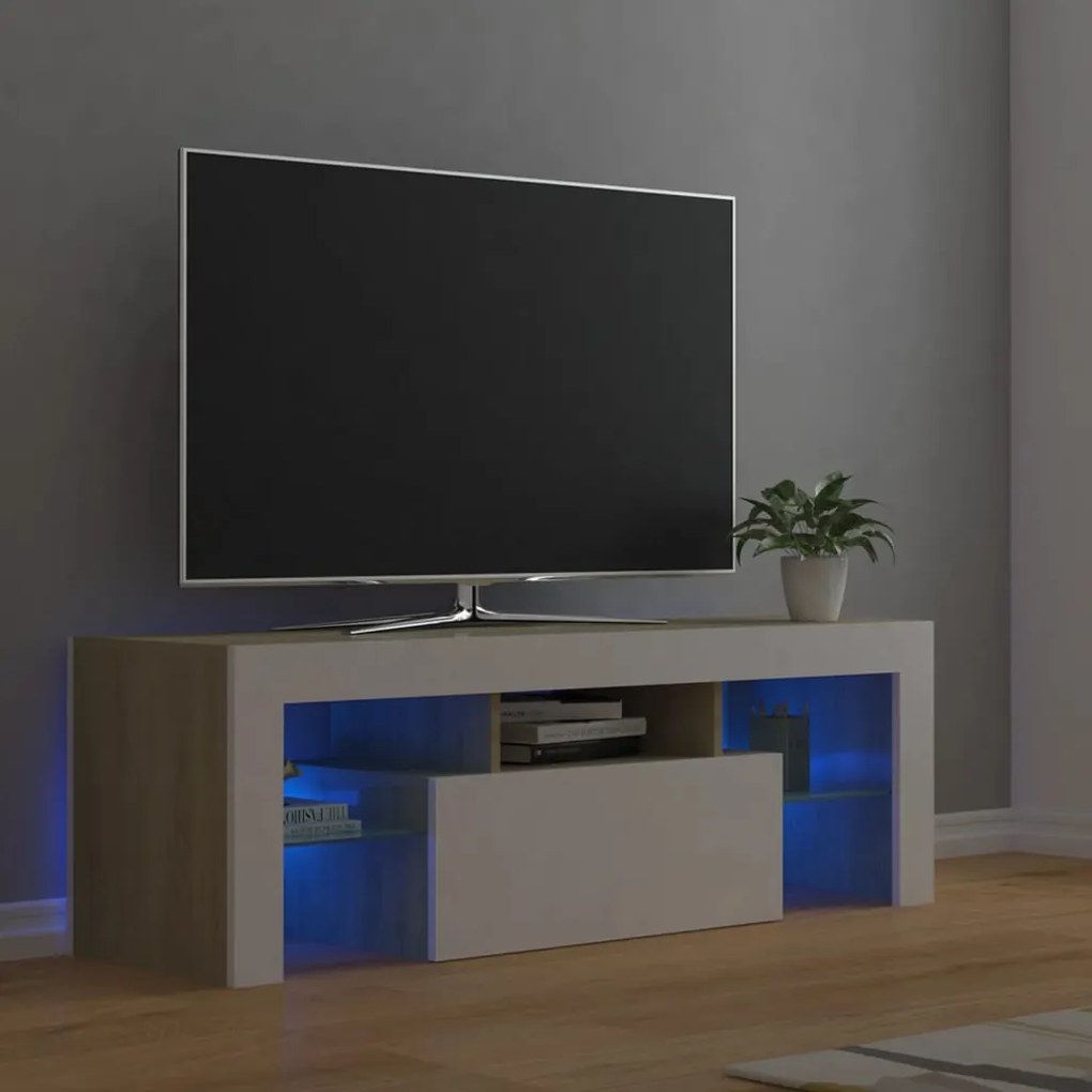 804351 vidaXL TV skříňka s LED osvětlením bílá a dub sonoma 120 x 35 x 40 cm