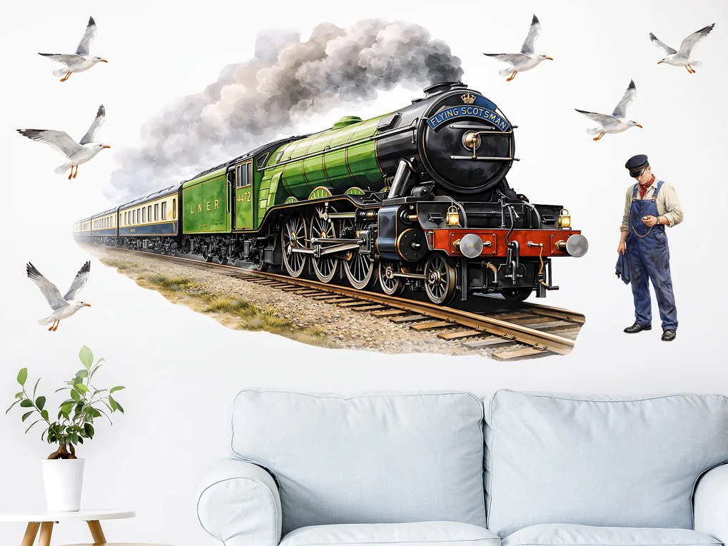 Vlak Flying scotsman textilní přelepitelné samolepky na zeď arch 194 x 130 cm