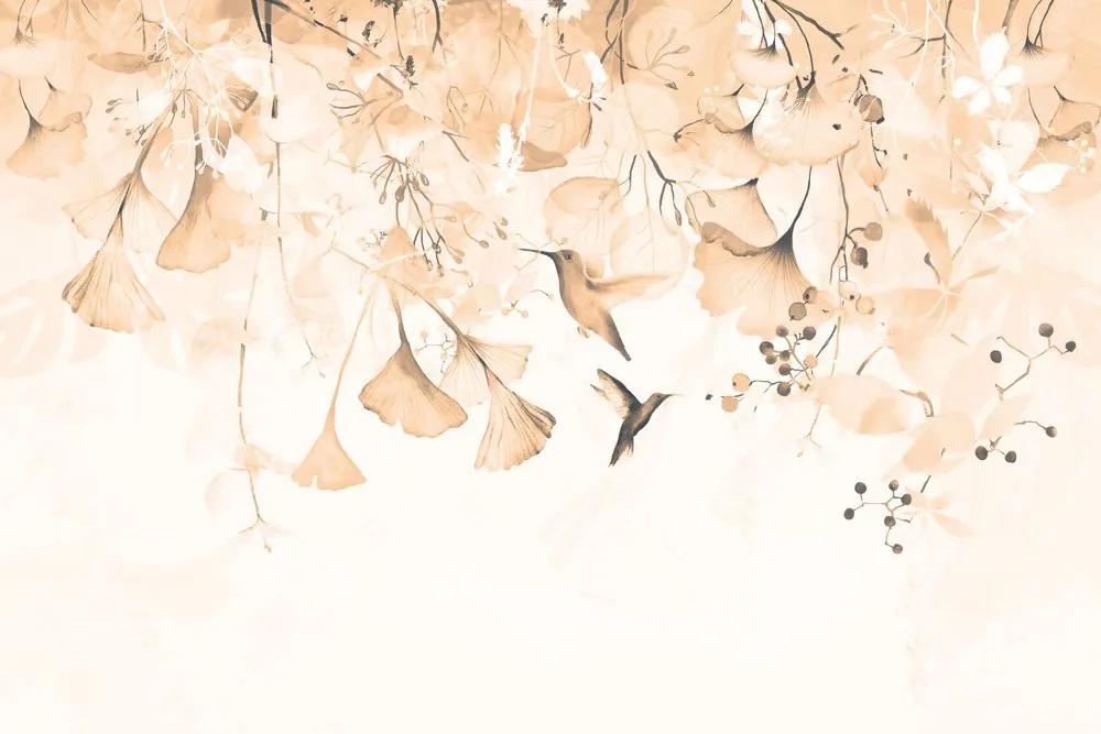Samolepící tapeta listy s kolibříky v odstínu Peach Fuzz