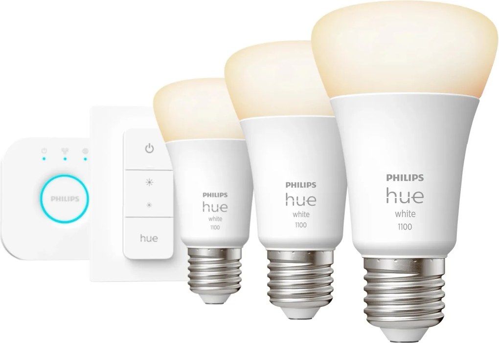 Philips Hue Startovací sada: 3x žárovka E27 W + Hue Bridge + Dimmer Switch
